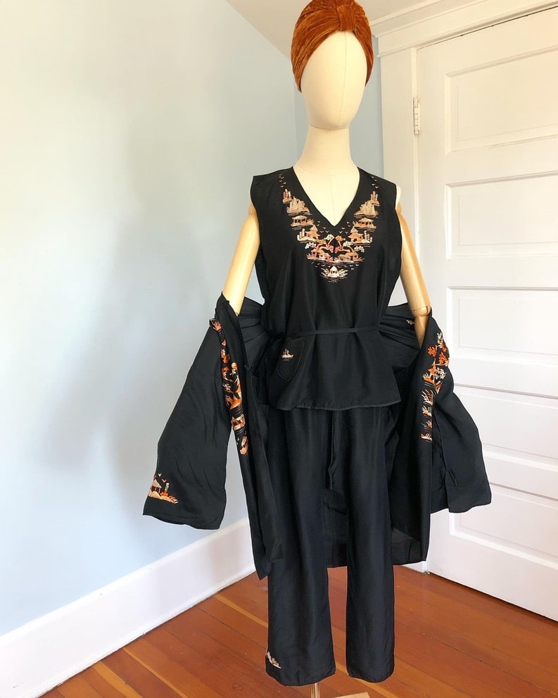 1920s Pongee Silk Hand Embroidered 3 Piece Lounging Pajama Set ...
