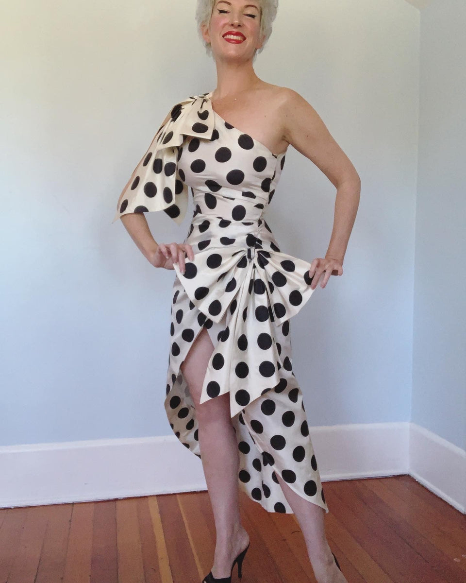 1950s Custom Made Silk Polka Dot One Shoulder Wrap Style Cocktail Dres ...